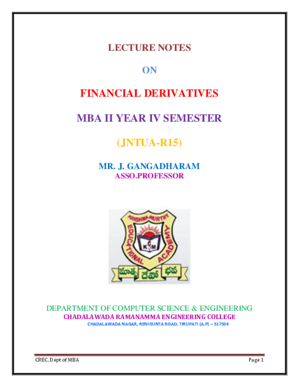 (PDF) LECTURE NOTES ON FINANCIAL DERIVATIVES MBA II YEAR IV SEMESTER ...
