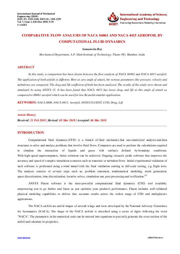 Pdf Comparative Flow Analysis Of Naca S6061 And Naca 4415 Aerofoil By Computational Fluid Dynamics