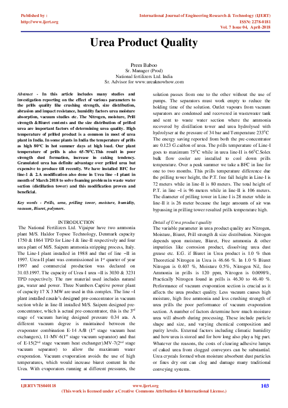 (PDF) Urea Product Quality
