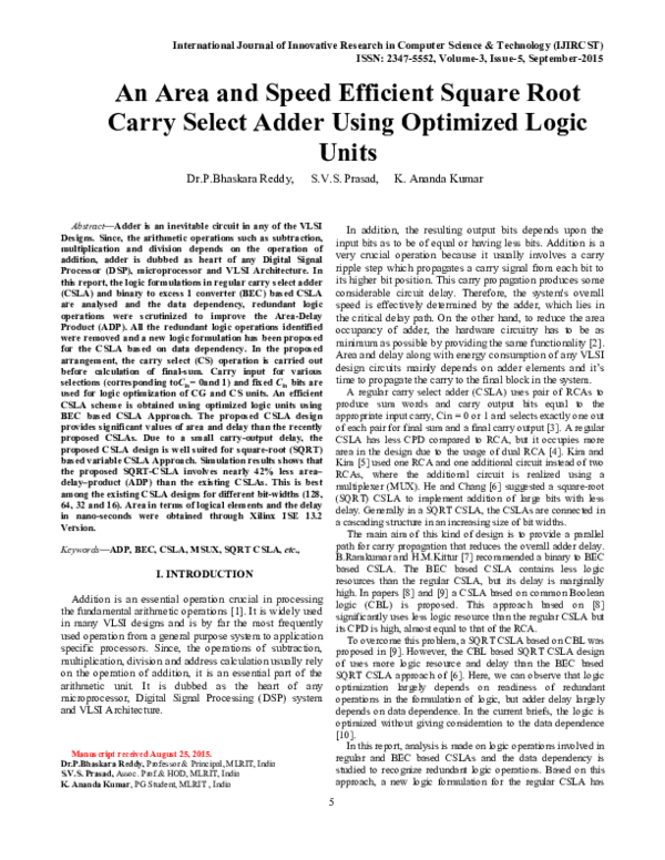 Pdf An Area And Speed Efficient Square Root Carry Select Adder Using