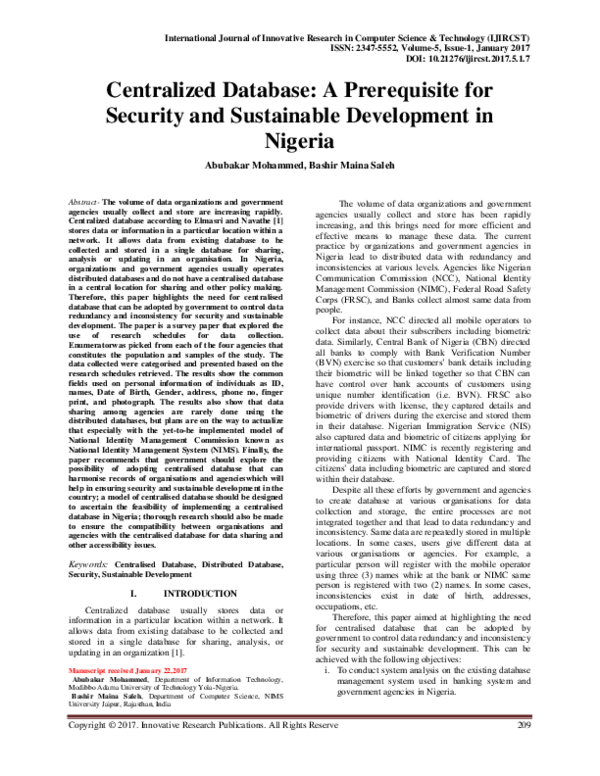 (PDF) Centralized Database: A Prerequisite for Security and Sustainable ...