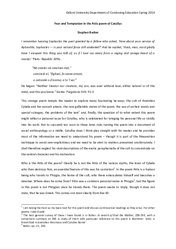 (PDF) Fear and Temptation in the Attis poem of Catullus