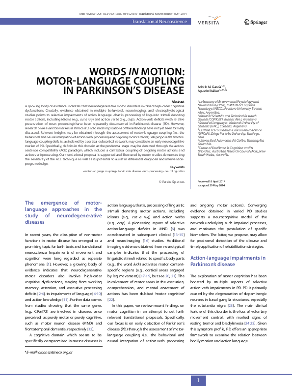 (PDF) Words in motion: motor-language coupling in parkinson's disease ...