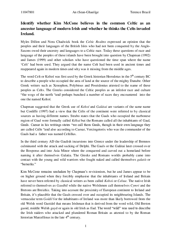 (DOC) Identify whether Kim McCone believes in the common Celtic as an ...