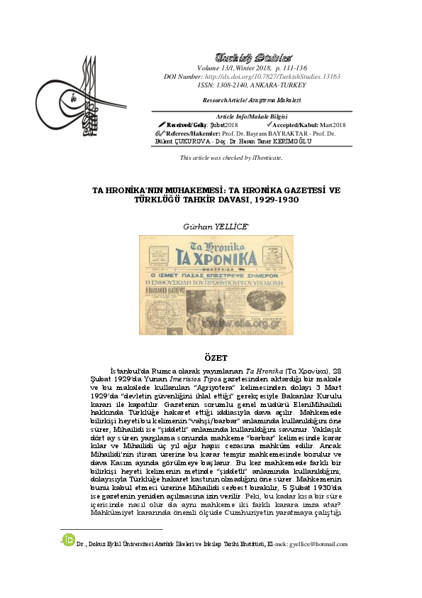 (PDF) TA HRONİKA'NIN MUHAKEMESİ: TA HRONİKA GAZETESİ VE TÜRKLÜĞÜ TAHKİR ...