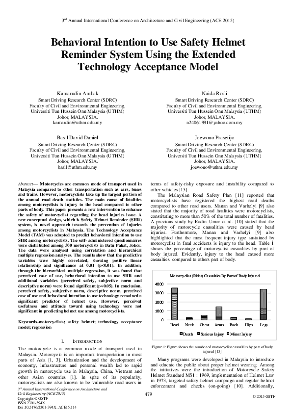 Pdf Behavioral Intention To Use Safety Helmet Reminder System Using The Extended Technology
