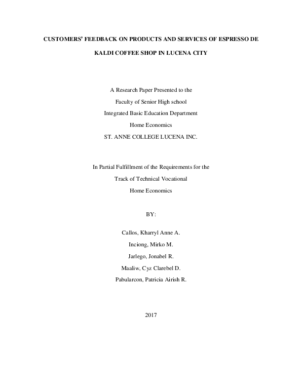 (DOC) CUSTOMERS' FEEDBACK ON PRODUCTS AND SERVICES OF ESPRESSO DE KALDI ...