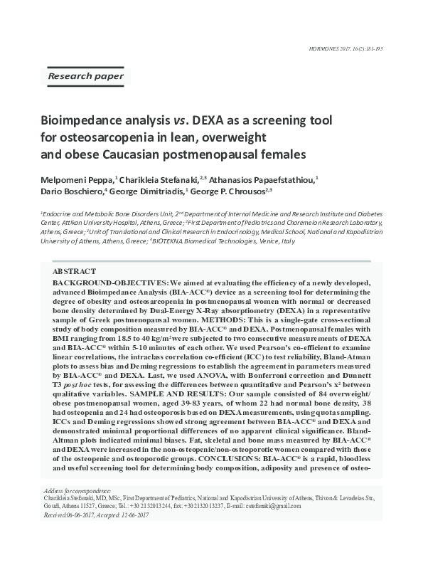 (PDF) Bioimpedance analysis vs. DEXA as a screening tool for ...