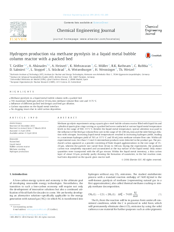 (PDF) Hydrogen production via methane pyrolysis in a liquid metal ...
