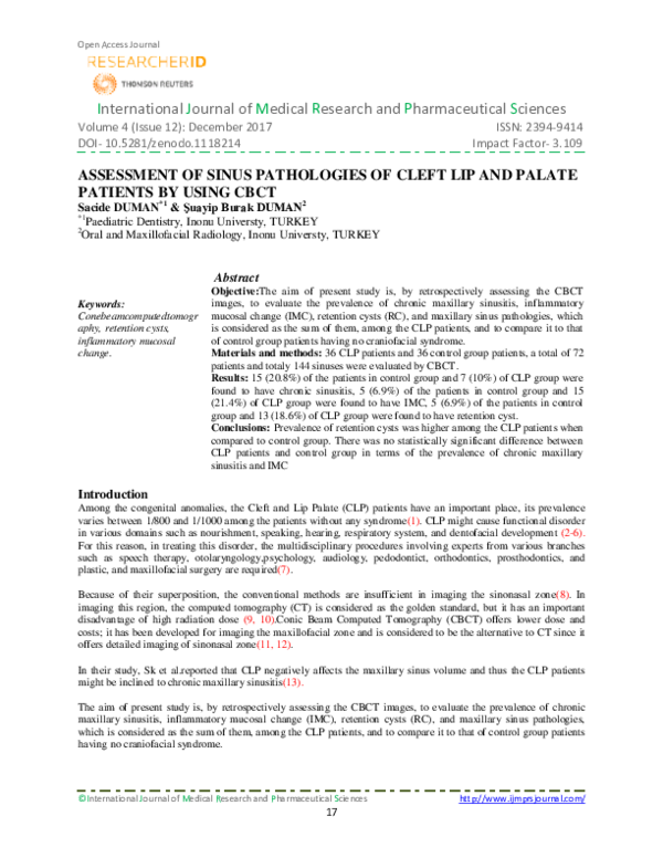 (PDF) ASSESSMENT OF SINUS PATHOLOGIES OF CLEFT LIP AND PALATE PATIENTS BY USING CBCT