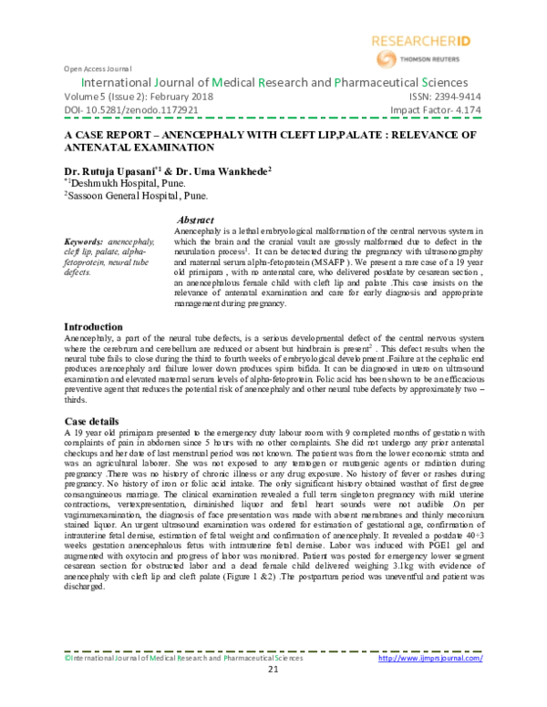 (PDF) A case report – Anencephaly with cleft lip, palate : Relevance of ...