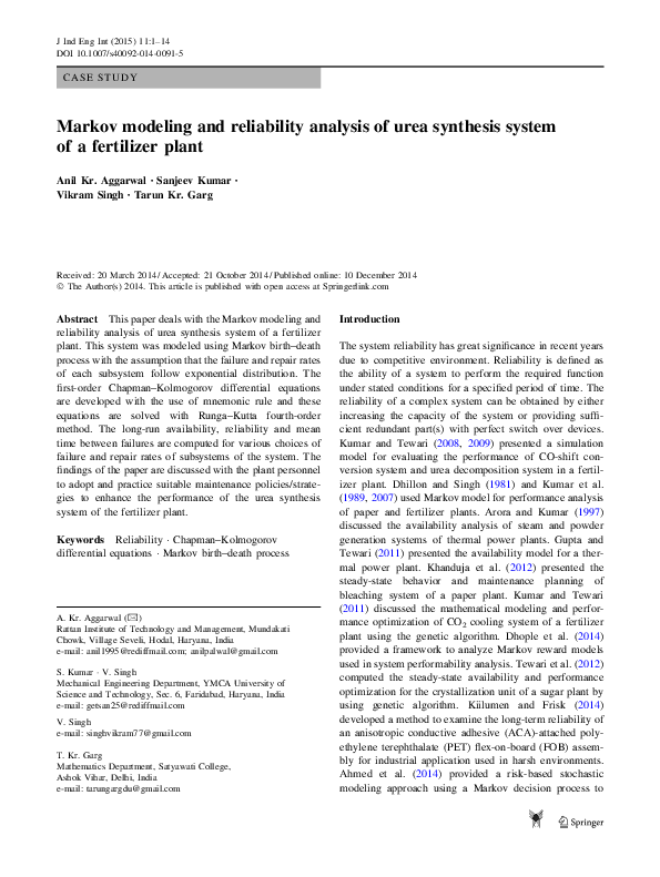 (PDF) Markov modeling and reliability analysis of urea synthesis system of a fertilizer plant