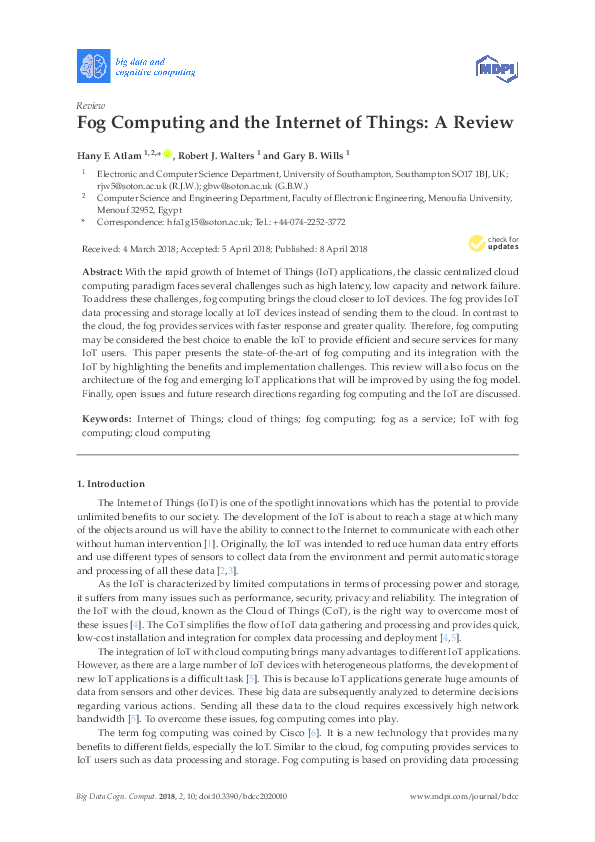 (PDF) Fog Computing and the Internet of Things: A Review