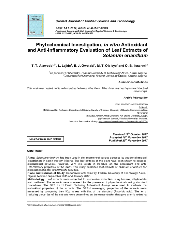 (PDF) Phytochemical Investigation, in vitro Antioxidant and Anti-inflammatory Evaluation of Leaf ...