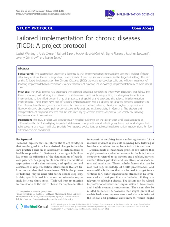 (PDF) Tailored implementation for chronic diseases (TICD): A project protocol