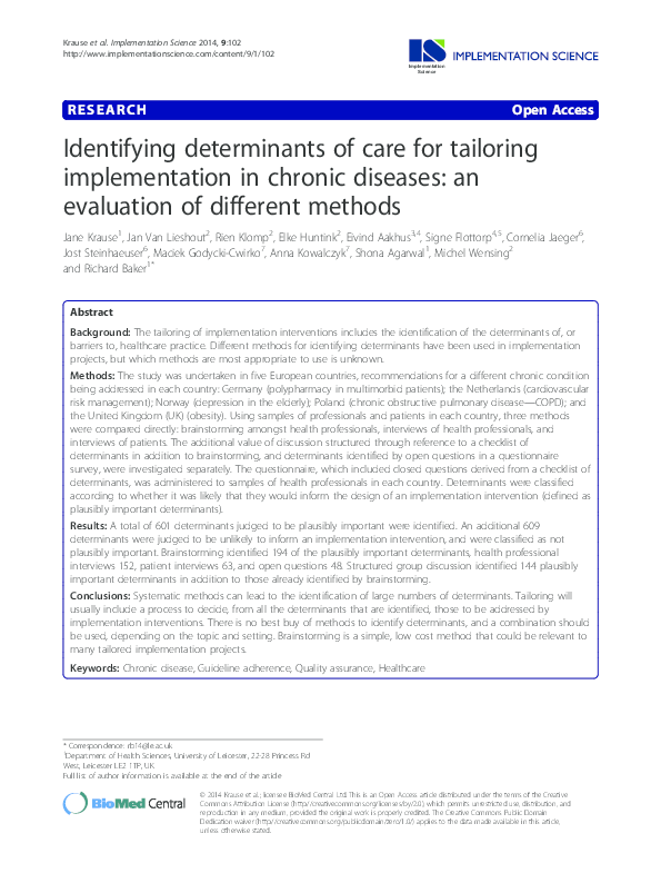 (PDF) Identifying determinants of care for tailoring implementation in chronic diseases: an ...