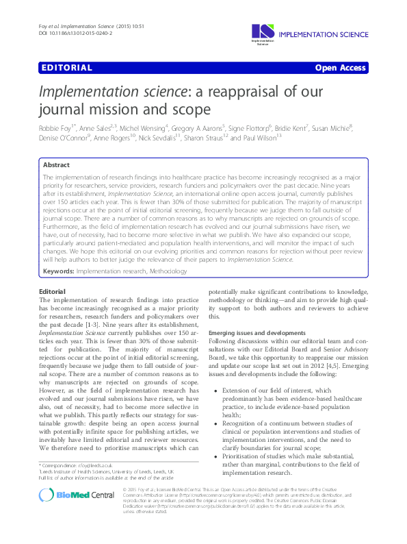 Implementation science: a reappraisal of our journal mission and scope