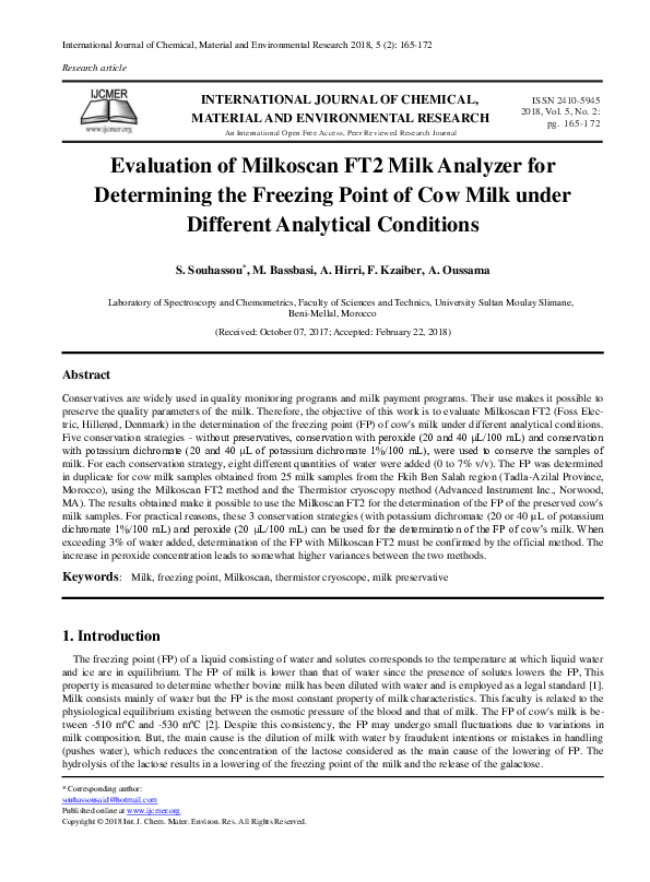 (PDF) Evaluation of Milkoscan FT2 Milk Analyzer for Determining the ...