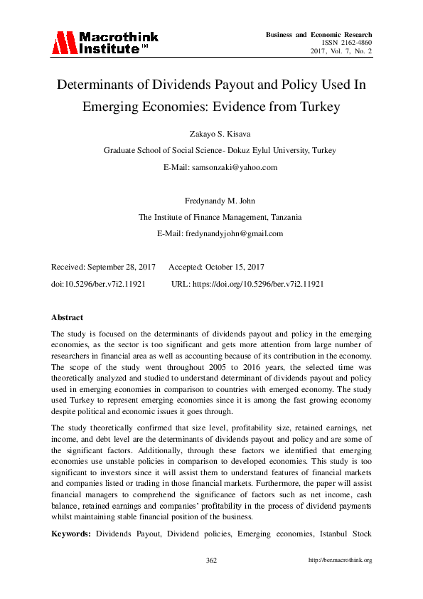 (PDF) Determinants of Dividends Payout and Policy Used In Emerging Economies: Evidence from Turkey