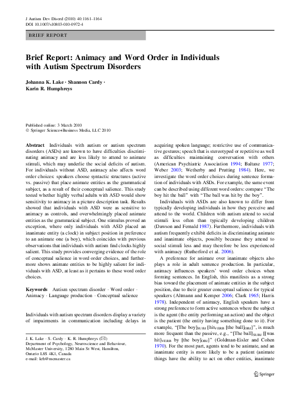 Pdf Brief Report Animacy And Word Order In Individuals With Autism Spectrum Disorders