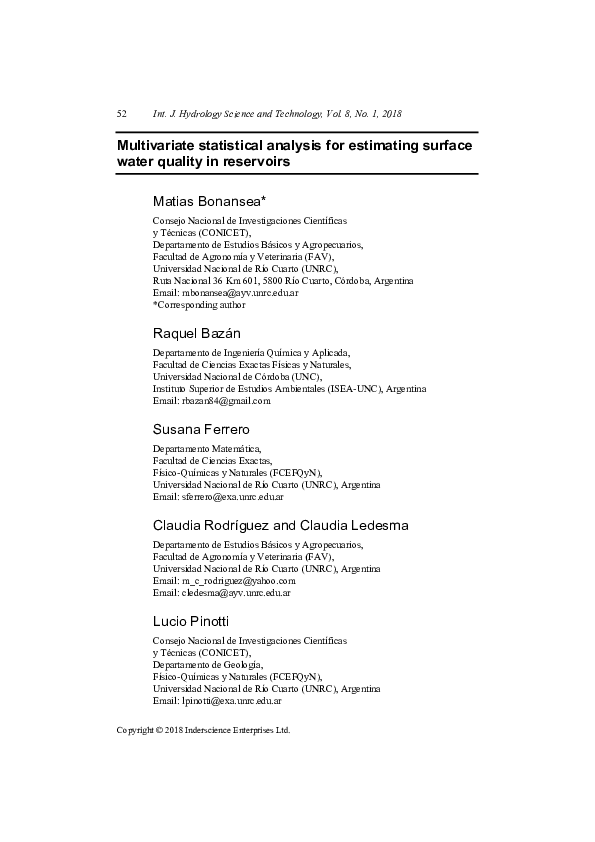 Pdf Multivariate Statistical Analysis For Estimating Surface Water Quality In Reservoirs