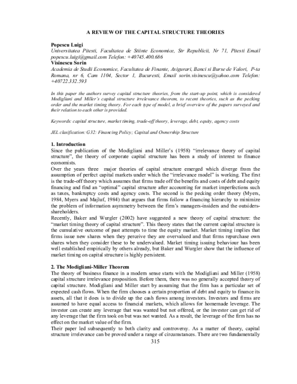 (PDF) A REVIEW OF THE CAPITAL STRUCTURE THEORIES