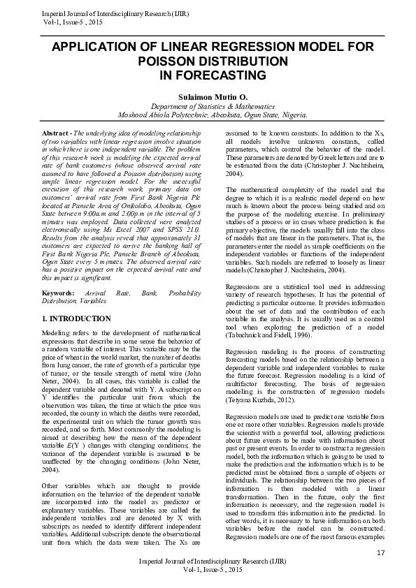 (PDF) APPLICATION OF LINEAR REGRESSION MODEL FOR POISSON DISTRIBUTION IN FORECASTING