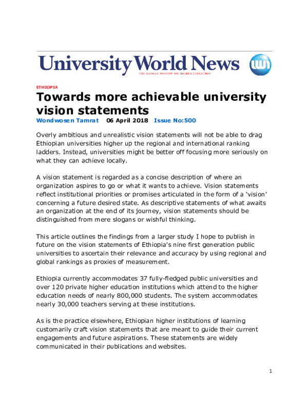 (PDF) Towards more achievable university vision statements