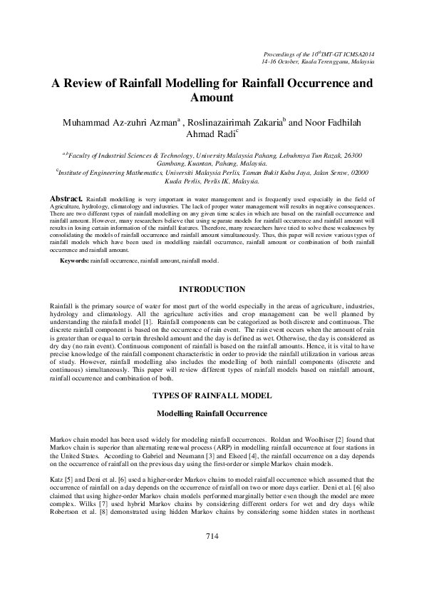 Pdf A Review Of Rainfall Modelling For Rainfall Occurrence And Amount