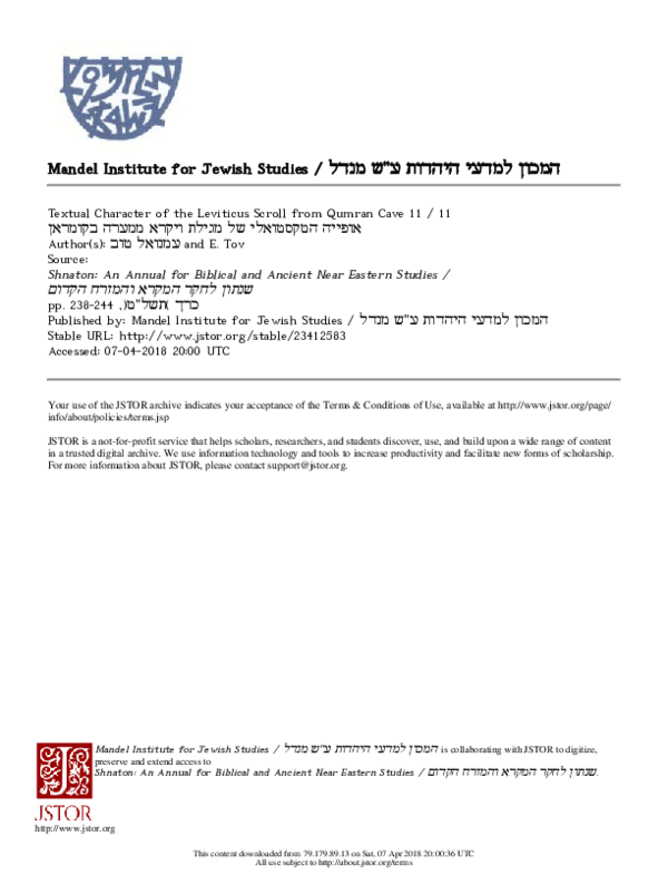 (PDF) 23. “The Textual Character of the Leviticus Scroll from Qumran ...