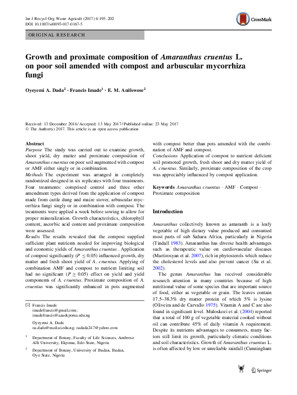 (PDF) Growth and proximate composition of Amaranthus cruentus L. on poor soil amended with ...