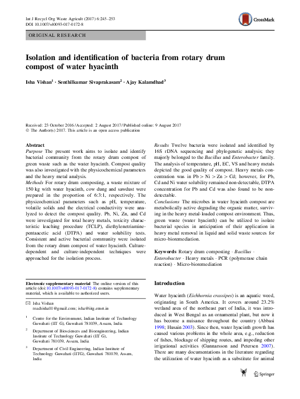 (PDF) Isolation and identification of bacteria from rotary drum compost of water hyacinth