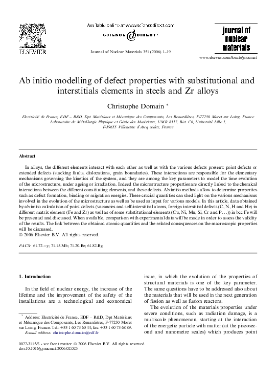 (PDF) Ab initio modelling of defect properties with substitutional and interstitials elements in ...