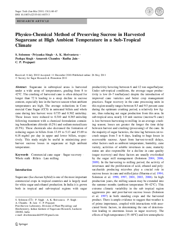 (PDF) Physico-Chemical Method of Preserving Sucrose in Harvested Sugarcane at High Ambient ...