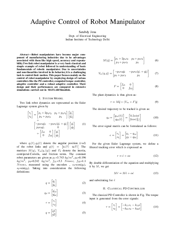 (PDF) Adaptive Control of Robot Manipulator