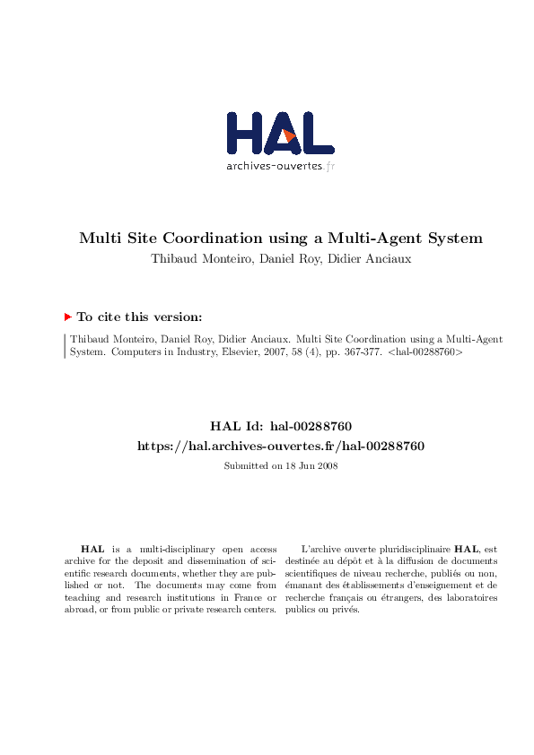 (PDF) Multi-site coordination using a multi-agent system