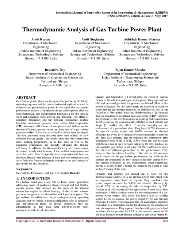 (PDF) Thermodynamic Analysis of Gas Turbine Power Plant