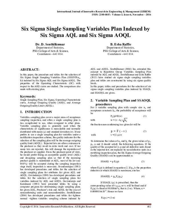 (PDF) Six Sigma Single Sampling Variables Plan Indexed by Six Sigma AQL ...