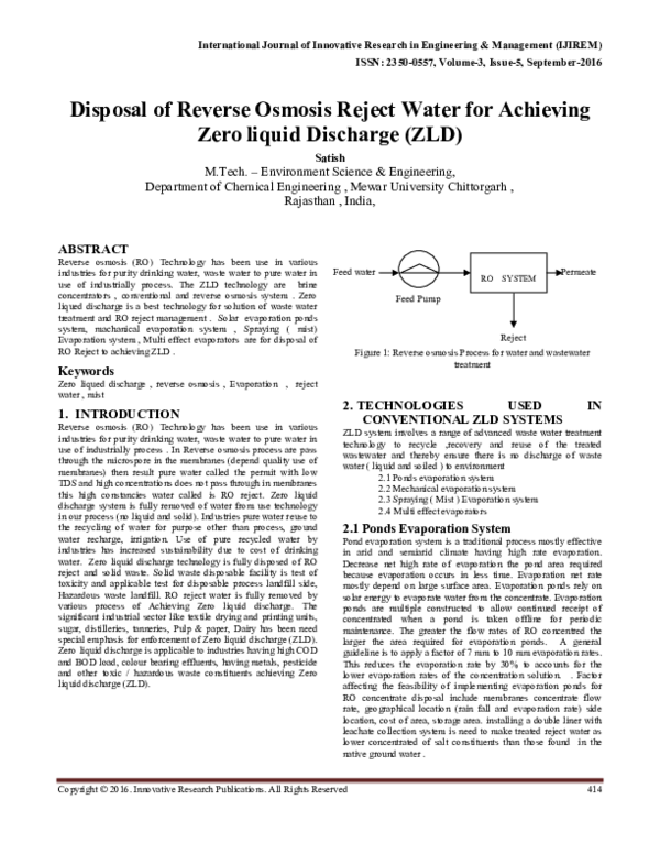 (PDF) Disposal of Reverse Osmosis Reject Water for Achieving Zero ...