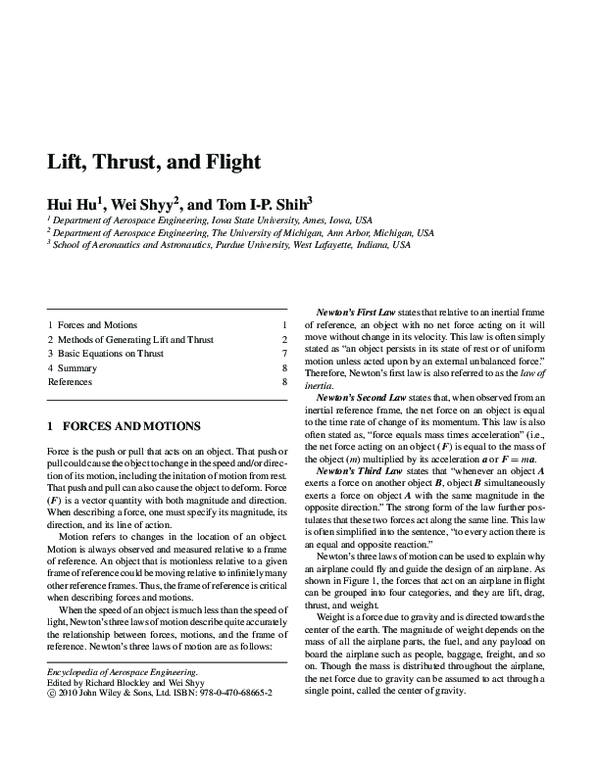 (PDF) Lift, Thrust, and Flight 1 FORCES AND MOTIONS