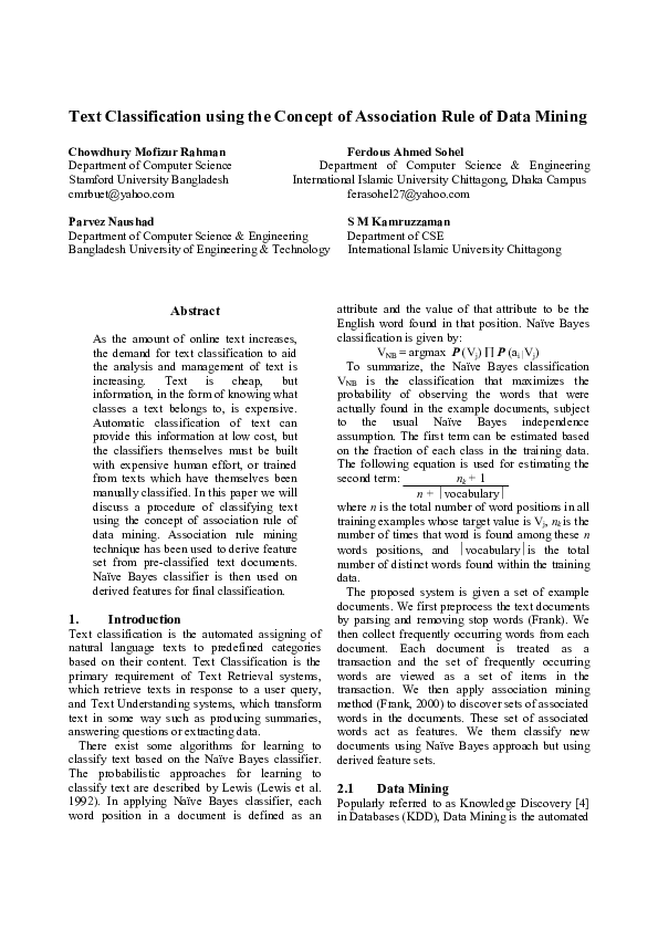 Pdf Text Classification Using The Concept Of Association Rule Of Data Mining