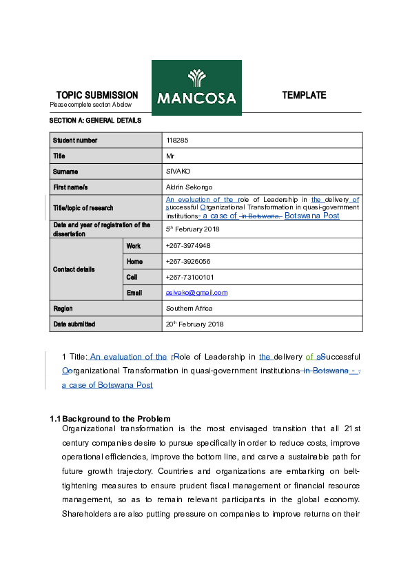 (DOC) Organizational Transformation at Botswana Post approved