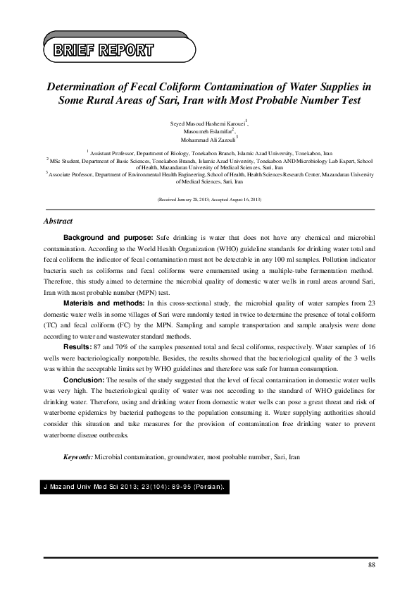 (PDF) Determination of Fecal Coliform Contamination of Water Supplies.pdf