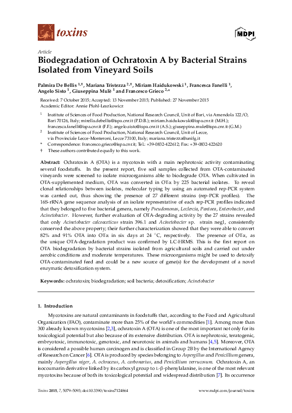 (PDF) Biodegradation of Ochratoxin A by Bacterial Strains Isolated from Vineyard Soils ...