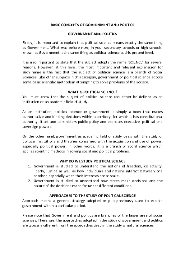 (DOC) DEPARTMENT OF POLITICAL SCIENCE GOVERNMENT HANDOUT