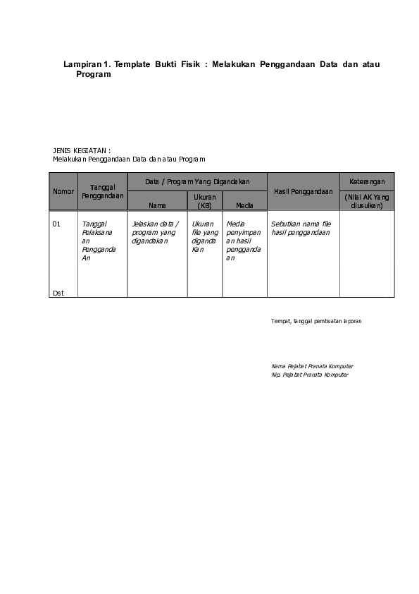 (DOC) Lampiran 1. Template Bukti Fisik : Melakukan Penggandaan Data dan atau Program