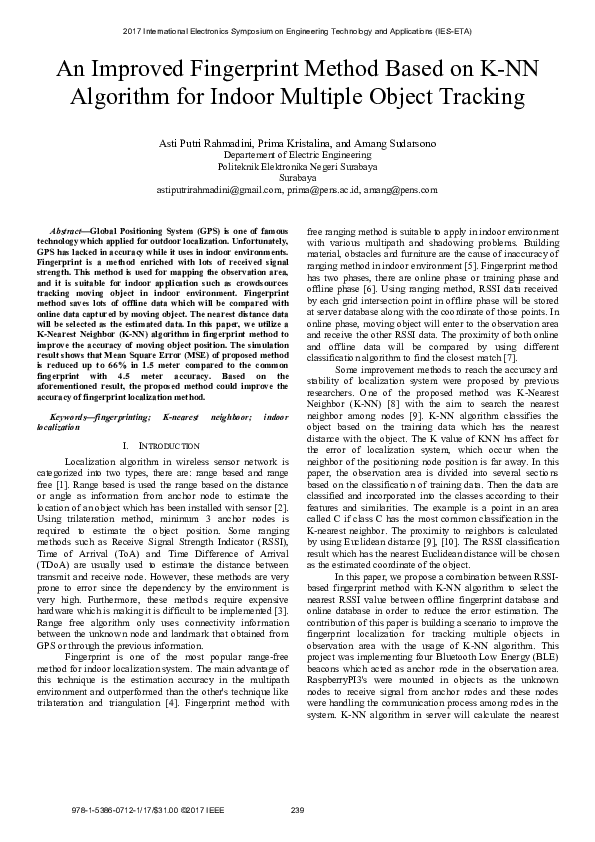 (PDF) An Improved Fingerprint Method Based on K-NN Algorithm for Indoor Multiple Object Tracking