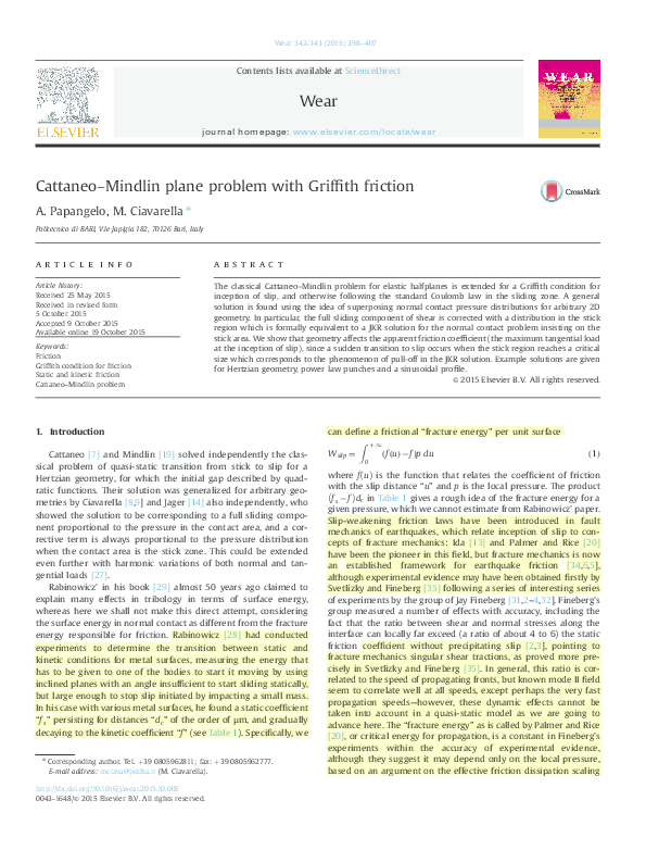 (PDF) Cattaneo–Mindlin plane problem with Griffith friction