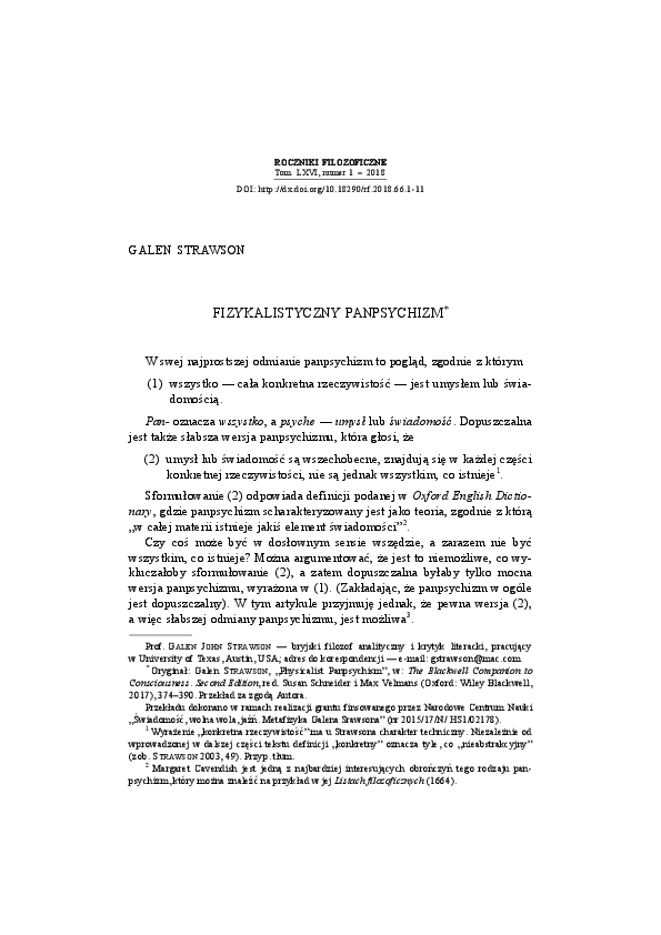 (PDF) Galen Strawson, Fizykalistyczny panpsychizm