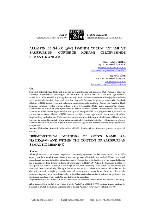 (PDF) ALLAH'IN EL-HÂLİK (‫)الخالق‬ İSMİNİN YORUM ANLAMI VE SAUSSURE'ÜN GÖSTERGE KURAMI ...
